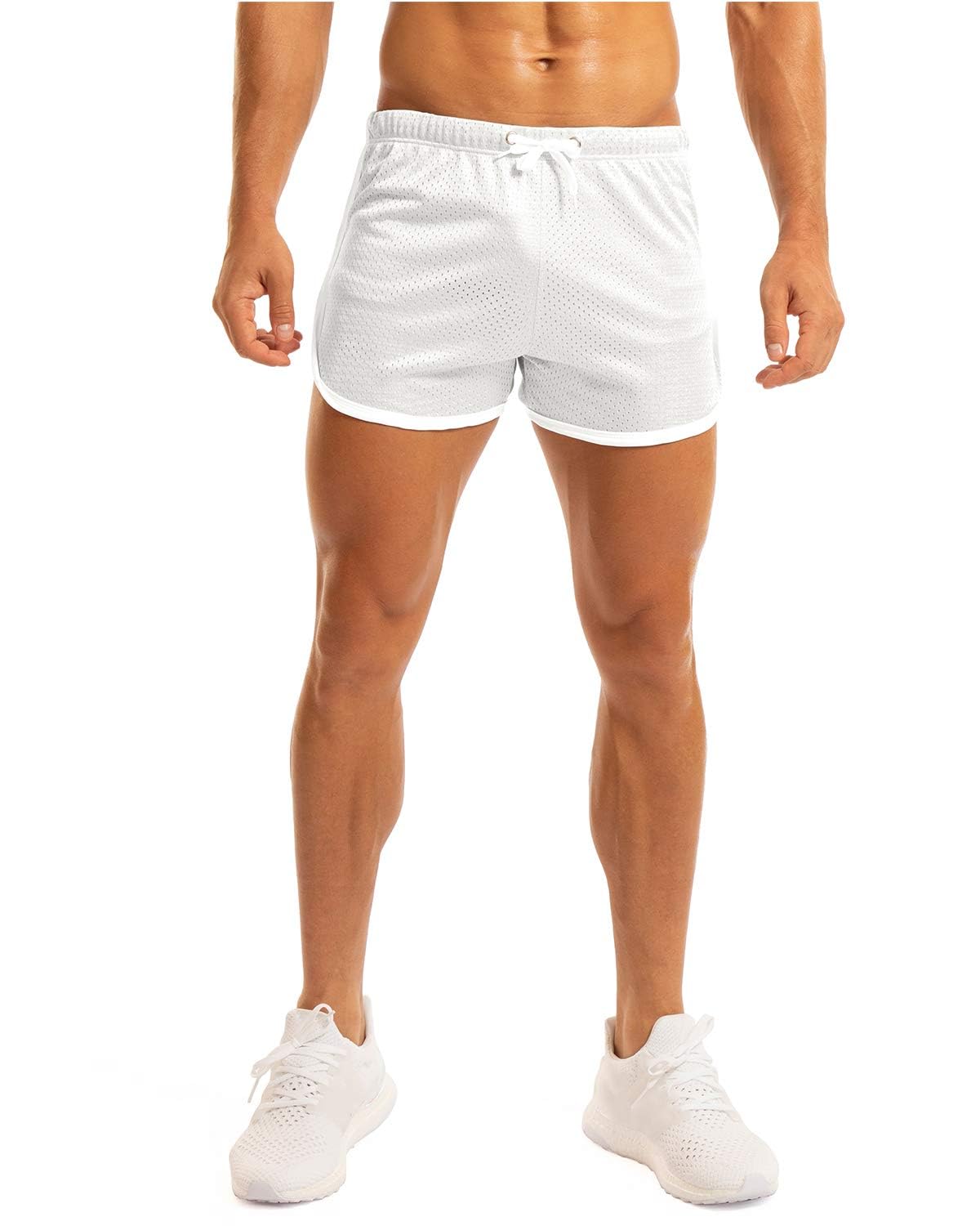 Ouber Men's Workout Racing Short Shorts with Elastic Drawsting (A-White,M)