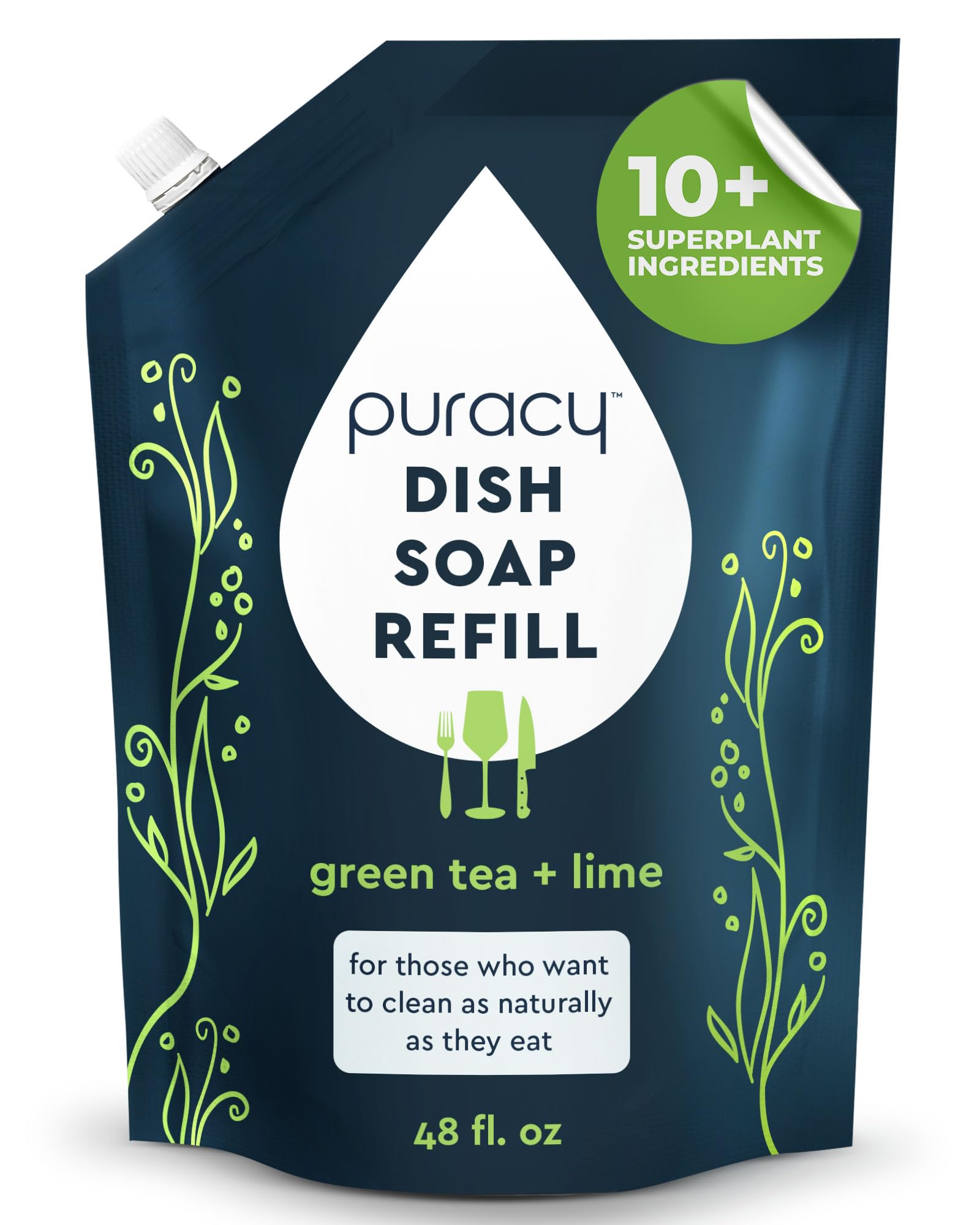 Puracy Natural Dish Soap Refill - Skin-Softening Plant-Based Liquid Dishwashing Detergent Soap, Clean-Rinsing Water-Sheeting Formula (Green Tea & Lime, 48 fl oz)