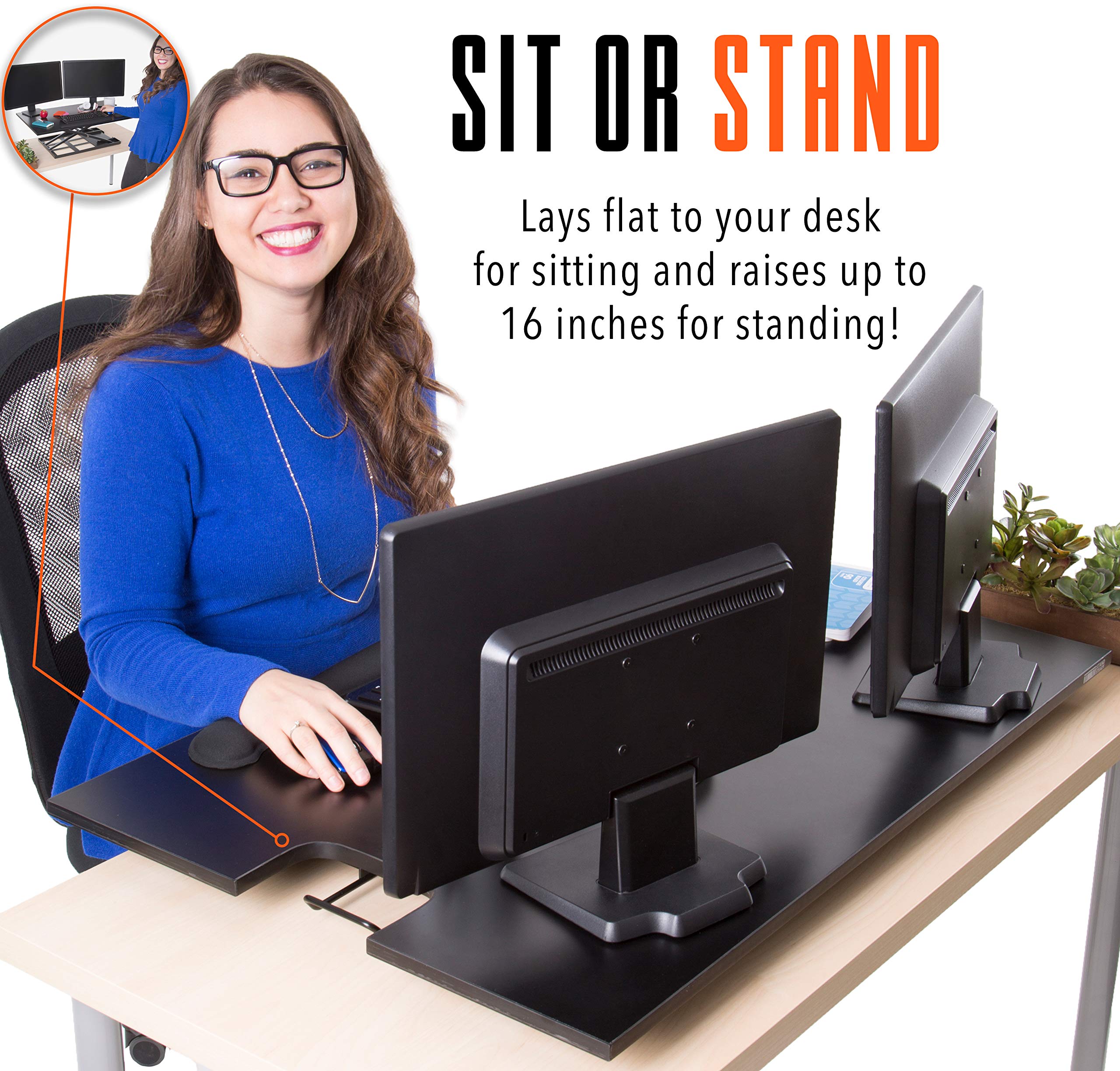 Stand Steady X-Elite Pro XL, Ergonomic Adjustable Height Standing Desk Converter, Extra Large Sit to Stand Laptop Desk Riser, Easily Fits 2 Computer Monitors (Black, 36 x 16)