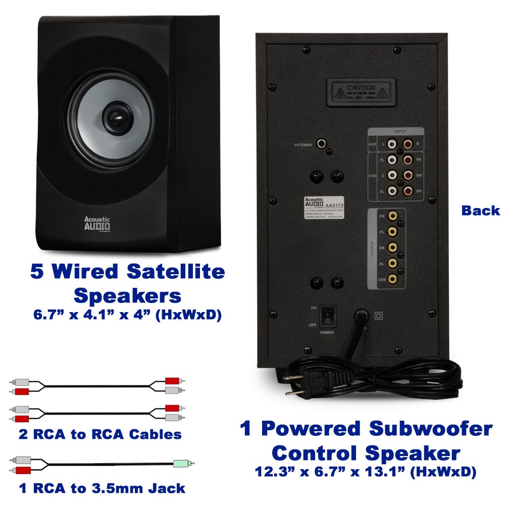 Acoustic Audio by Goldwood AA5172 Home Theater 5.1 Bluetooth Speaker System with USB and 2 Extension Cables,Black