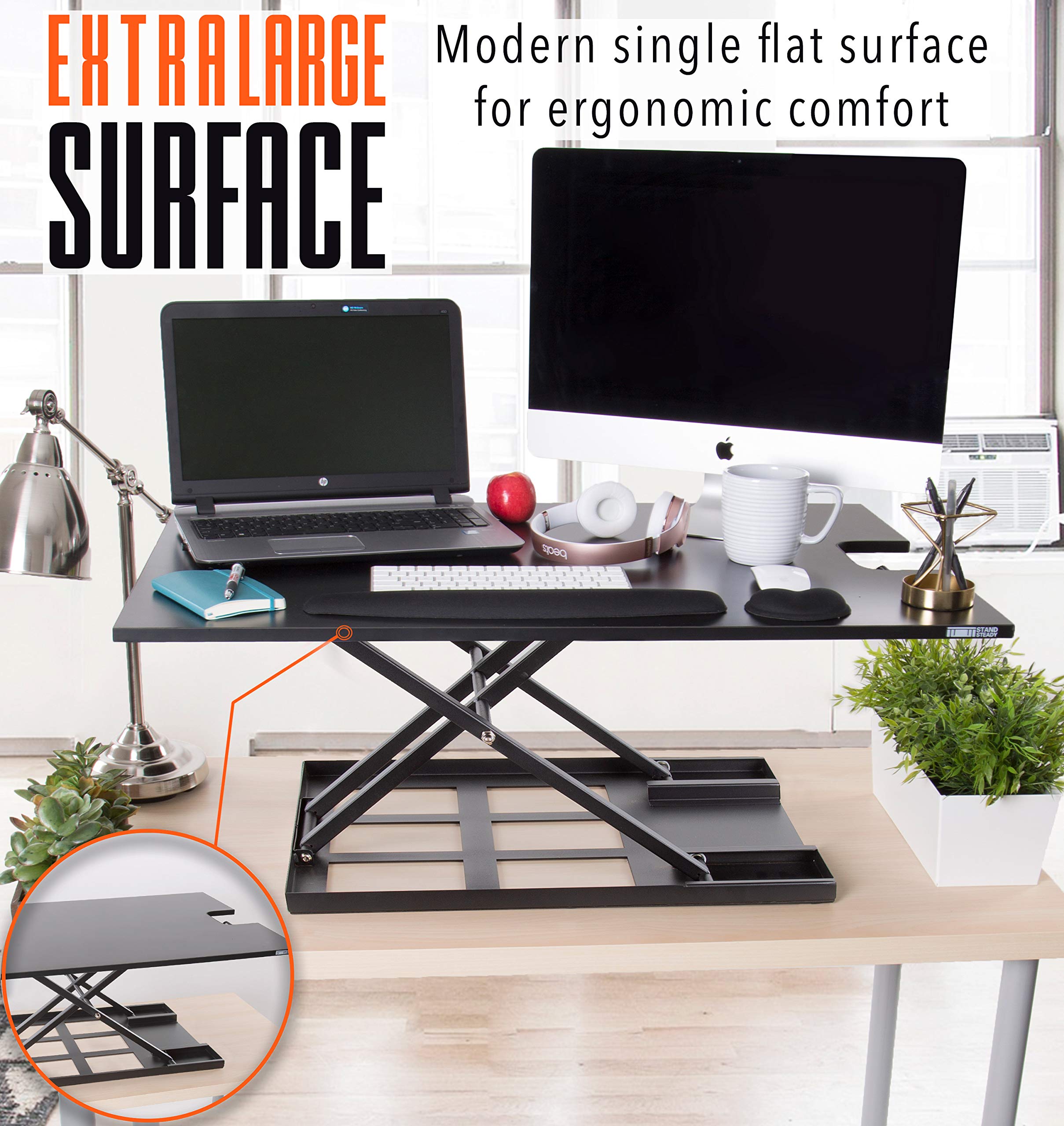 Stand Steady X-Elite Pro XL, Ergonomic Adjustable Height Standing Desk Converter, Extra Large Sit to Stand Laptop Desk Riser, Easily Fits 2 Computer Monitors (Black, 36 x 16)