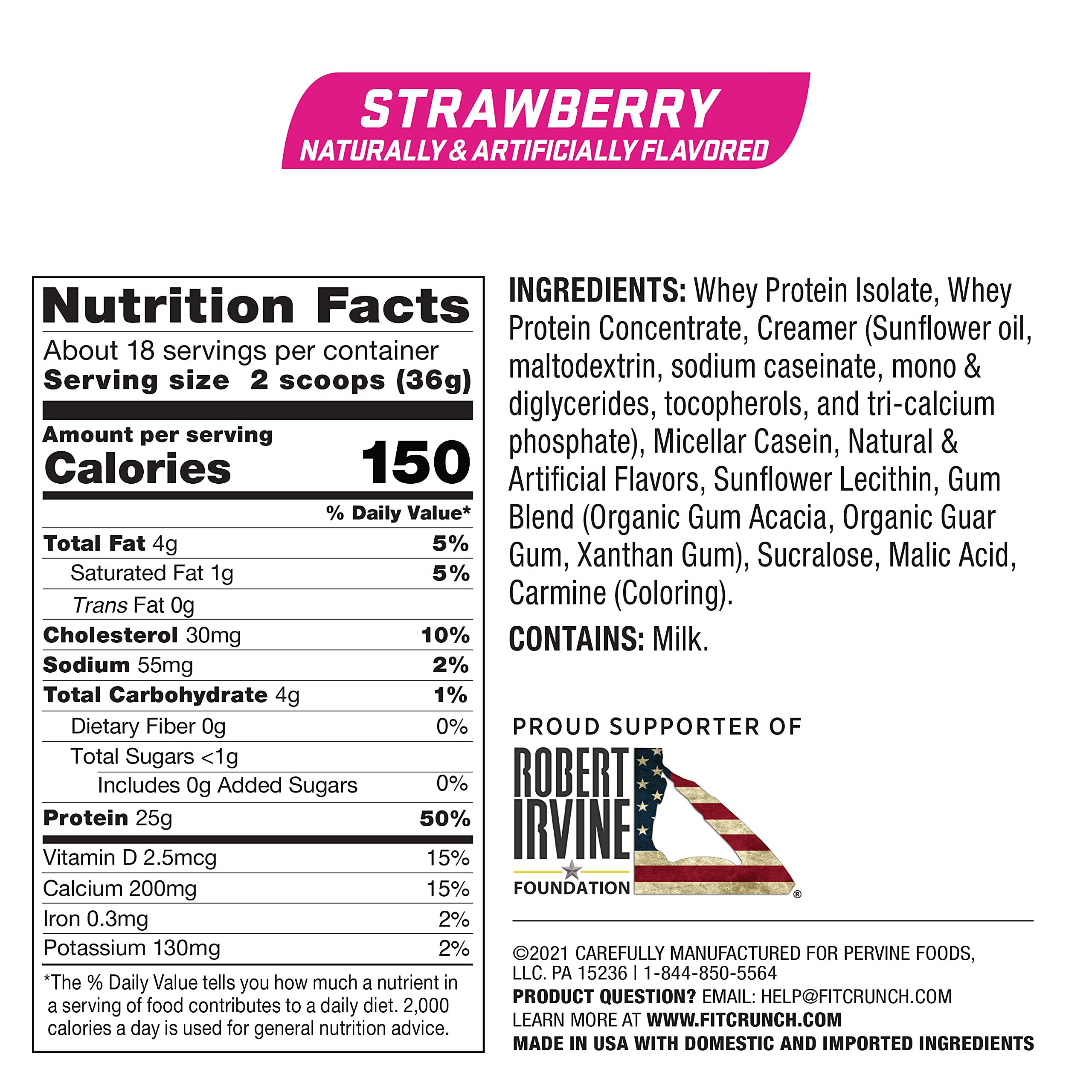FITCRUNCH Tri-Blend Whey Protein, Keto Friendly, Low Calories, High Protein, Gluten Free, Soy Free (18 Servings, Strawberry)