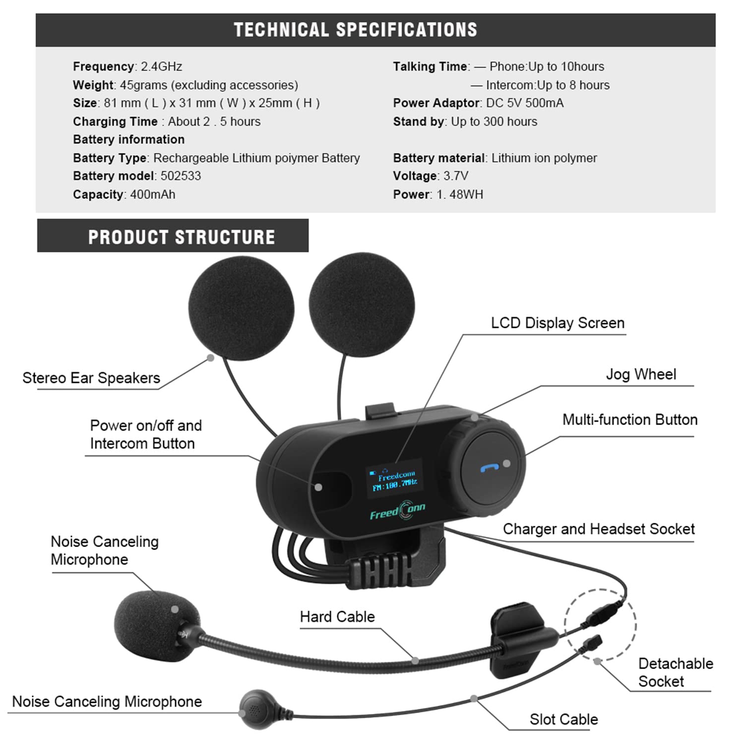FreedConn 1pcs TCOM-SC Bluetooth Motorcycle Headset,2-3 Riders Helmet Bluetooth Intercom, Universal Communication Systems with Music Sharing/LCD Screen/FM Radio/Mobile Phone/GPS/Waterproof