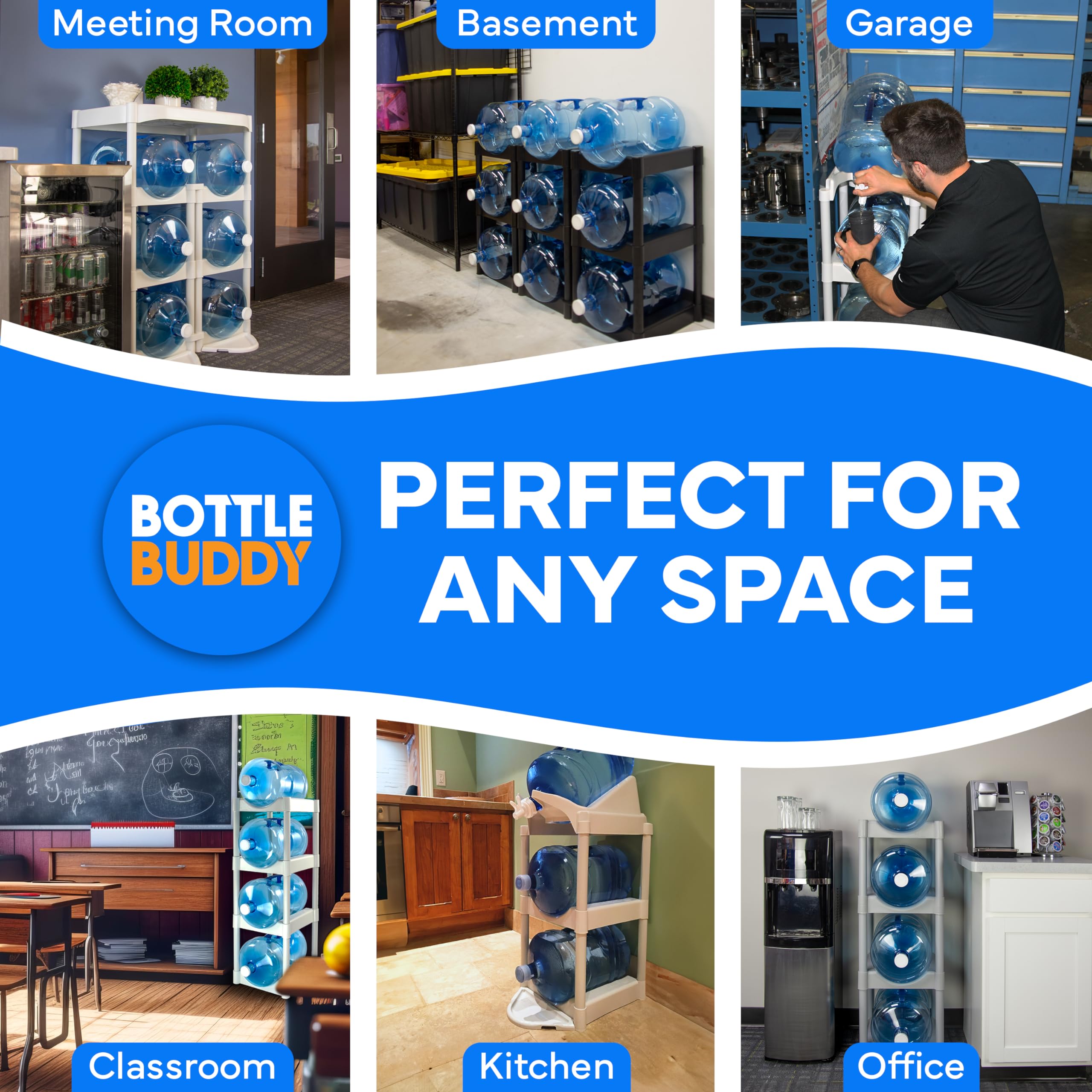 Bottle Buddy Water Bottle Storage Rack 3 Tray - Plastic Water Bottle Organizer for Three to Five Gallon Bottle Storage β Customizable Water Gallon Holder for Easy Storage and Organization
