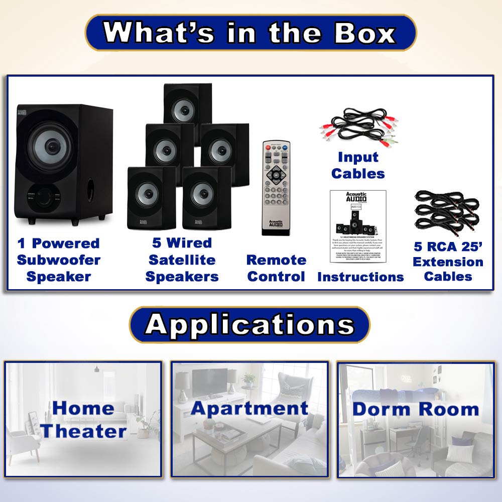 Acoustic Audio by Goldwood AA5172 Home Theater 5.1 Bluetooth Speaker System with USB and 5 Extension Cables, Black