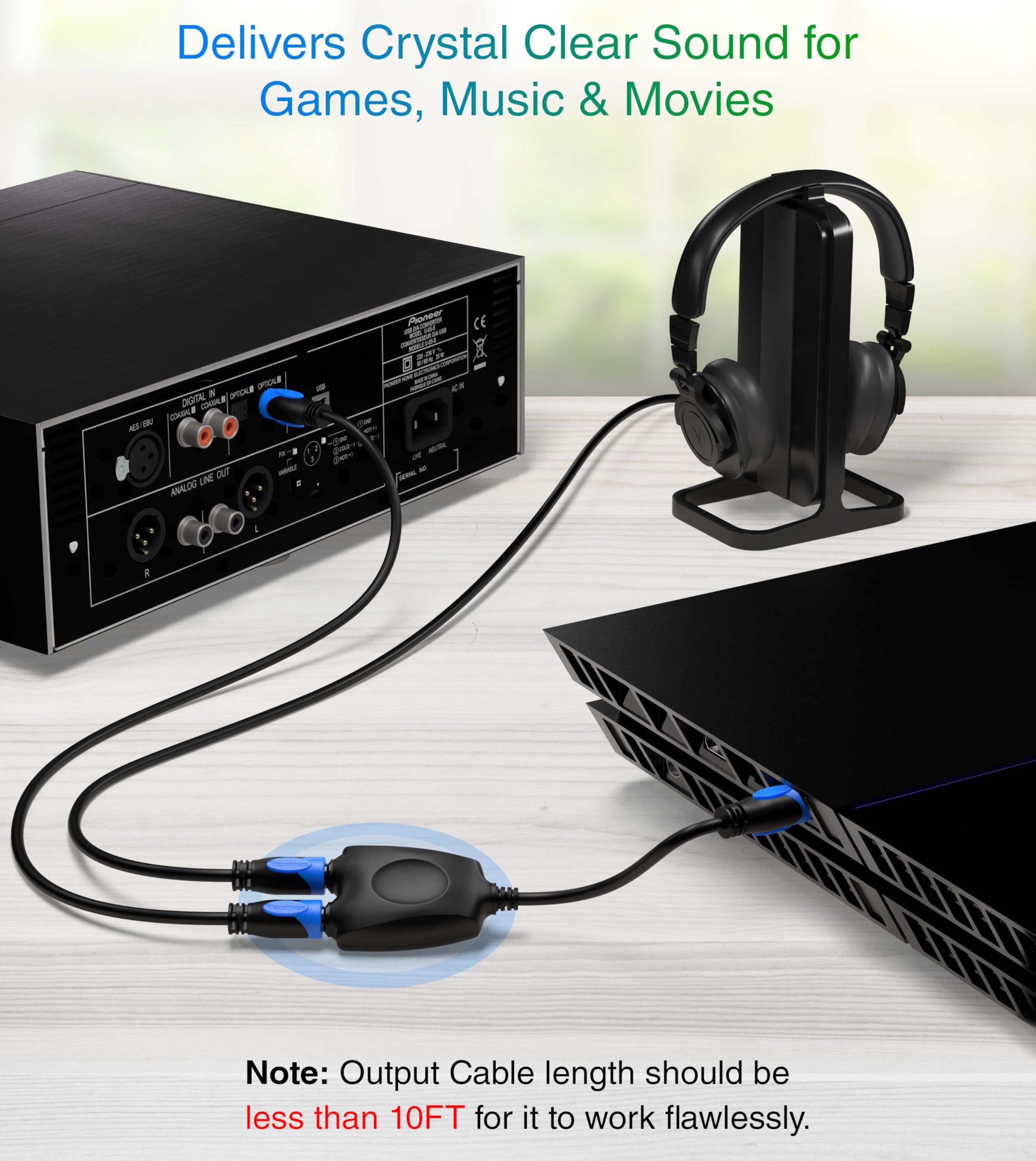 BlueRigger Digital Optical Audio Splitter 1x2 (1 in 2 Out Unidirectional Toslink Splitter, Support LPCM2.0, Dolby Digital, DTS 5.1)- for Home Theatre, Xbox, PS5, DVD, TV, Receiver, Sound Bar