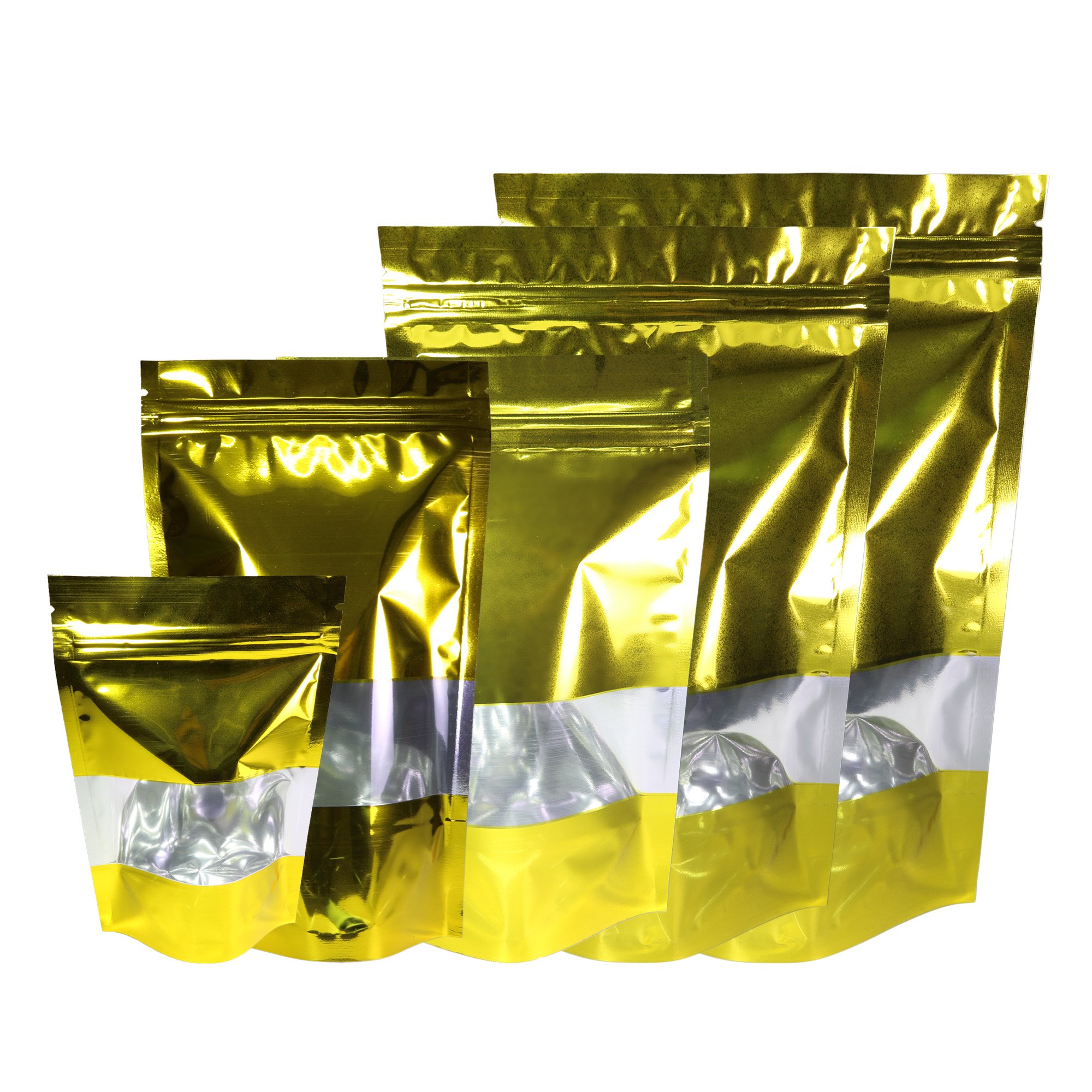 Pack of 100 Shiny Glossy Color w/Clear Window Stand-Up Heat Sealable Zip Top Bags (Shiny Gold w/Window, 10x15cm (4x6"))
