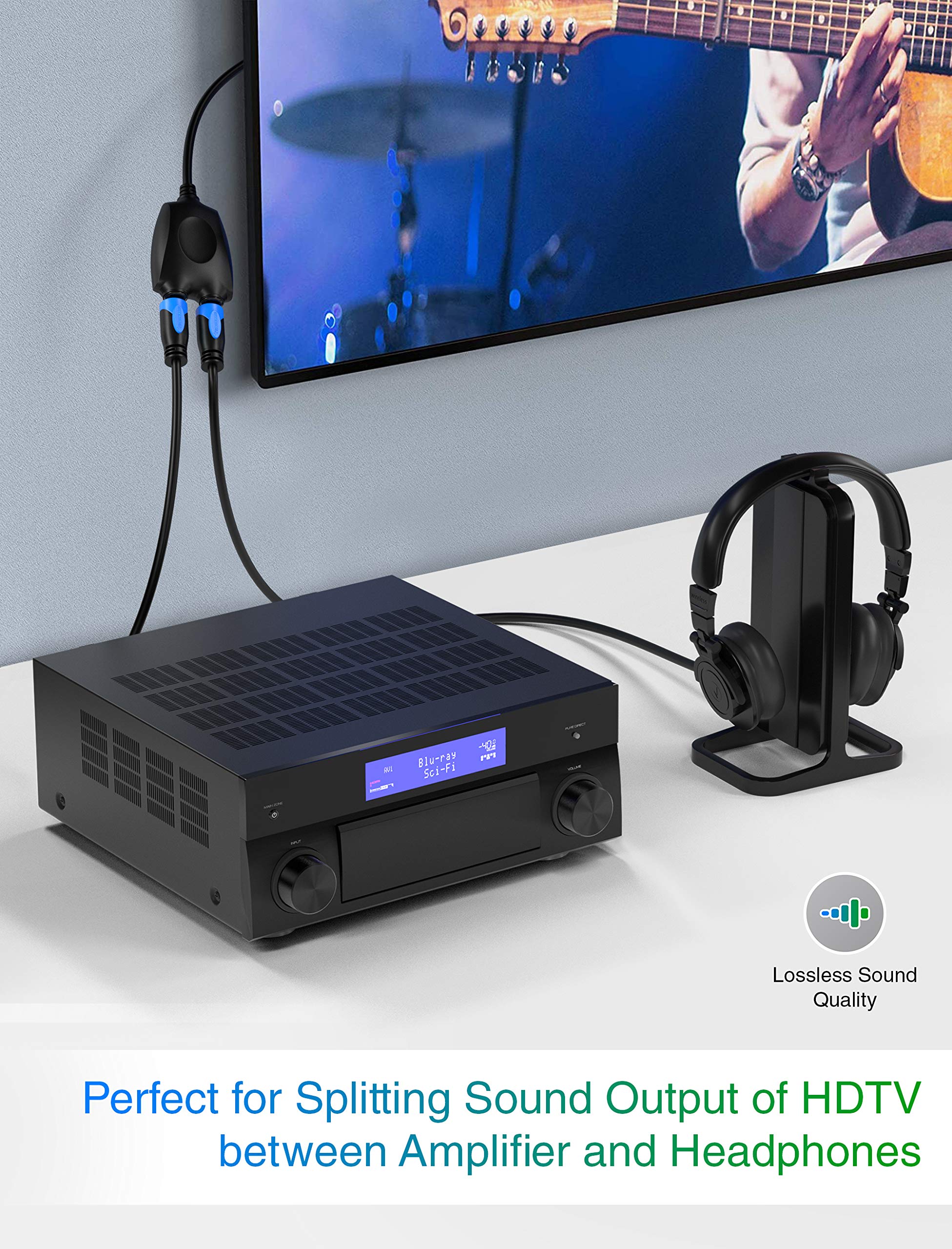 BlueRigger Digital Optical Audio Splitter 1x2 (1 in 2 Out Unidirectional Toslink Splitter, Support LPCM2.0, Dolby Digital, DTS 5.1)- for Home Theatre, Xbox, PS5, DVD, TV, Receiver, Sound Bar