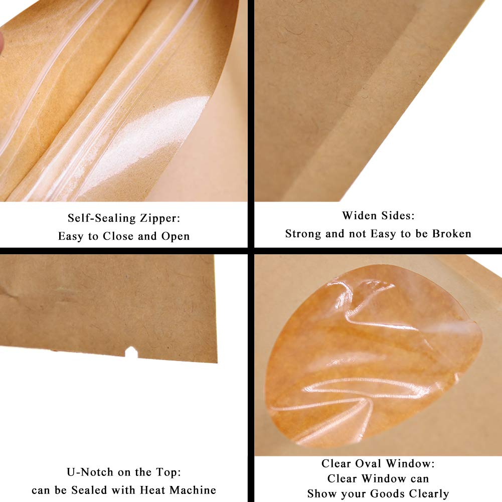 Kraft Stand Up bags with Window - SumDirect 50Pcs 4.3x 6.2 inches Brown Food Storage Bags, Reusable Sealing Stand Up Pouches Zipper Lock for Storing