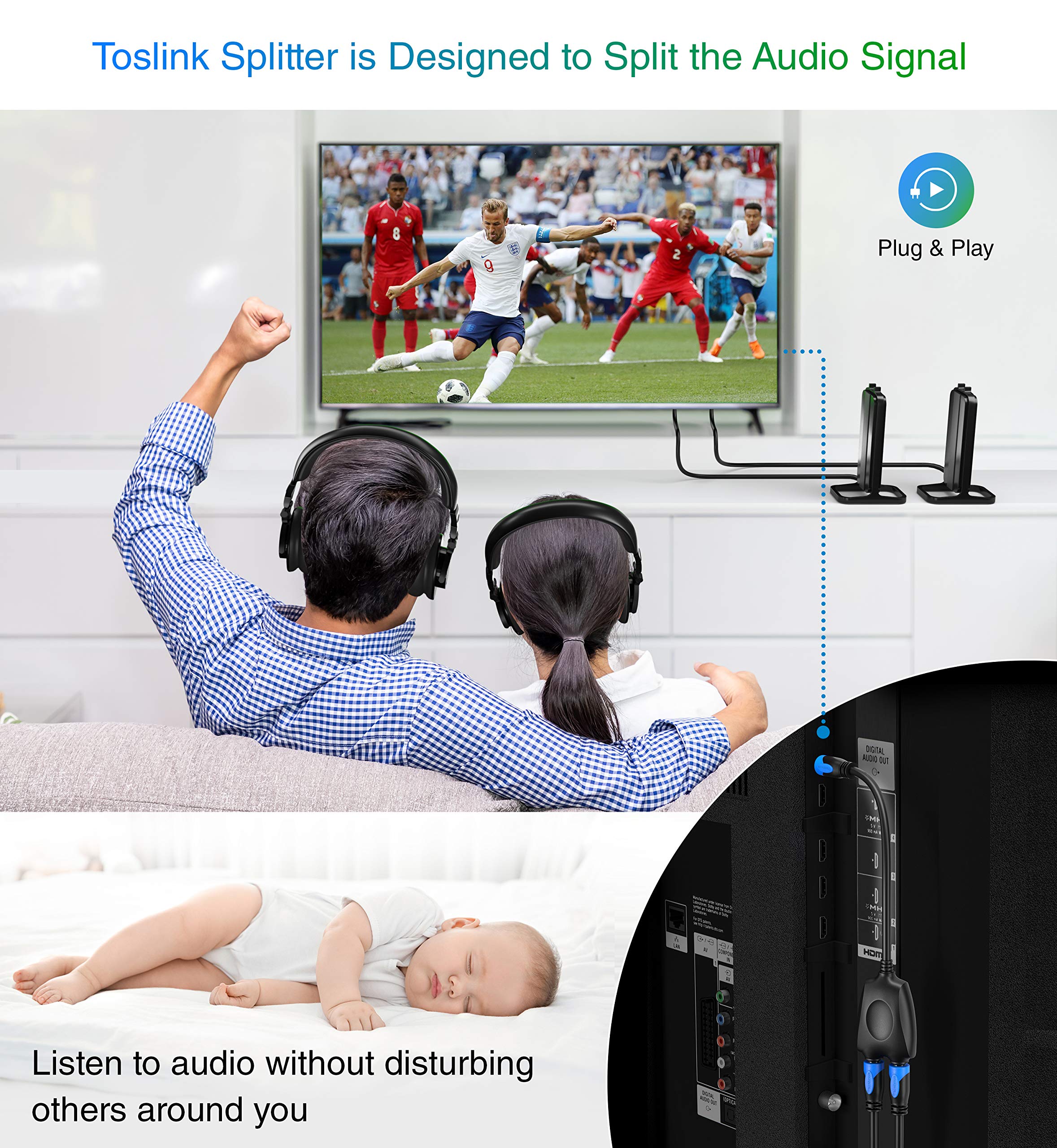 BlueRigger Digital Optical Audio Splitter 1x2 (1 in 2 Out Unidirectional Toslink Splitter, Support LPCM2.0, Dolby Digital, DTS 5.1)- for Home Theatre, Xbox, PS5, DVD, TV, Receiver, Sound Bar