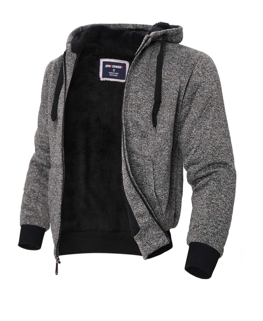 Plus Size S-5XL Marled Fleece Hoodie for Men Heavyweight Sherpa Lined Full Zip Up Big&Tall Long Sleeve Winter Jacket Coat(Dk.Grey, 5XL)