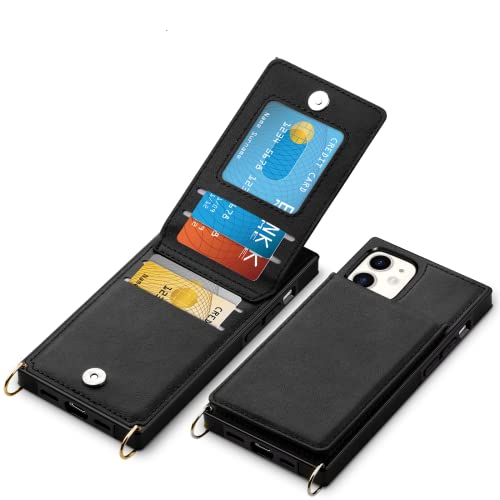 Vofolen for iPhone 11 Case Wallet Card Holder Leather PU Flip Cover Folio Lanyard Crossbody Strap Women Girl Magnetic Clasp Kickstand Square Heavy Duty Protective Bumper Armor for iPhone 11 Black
