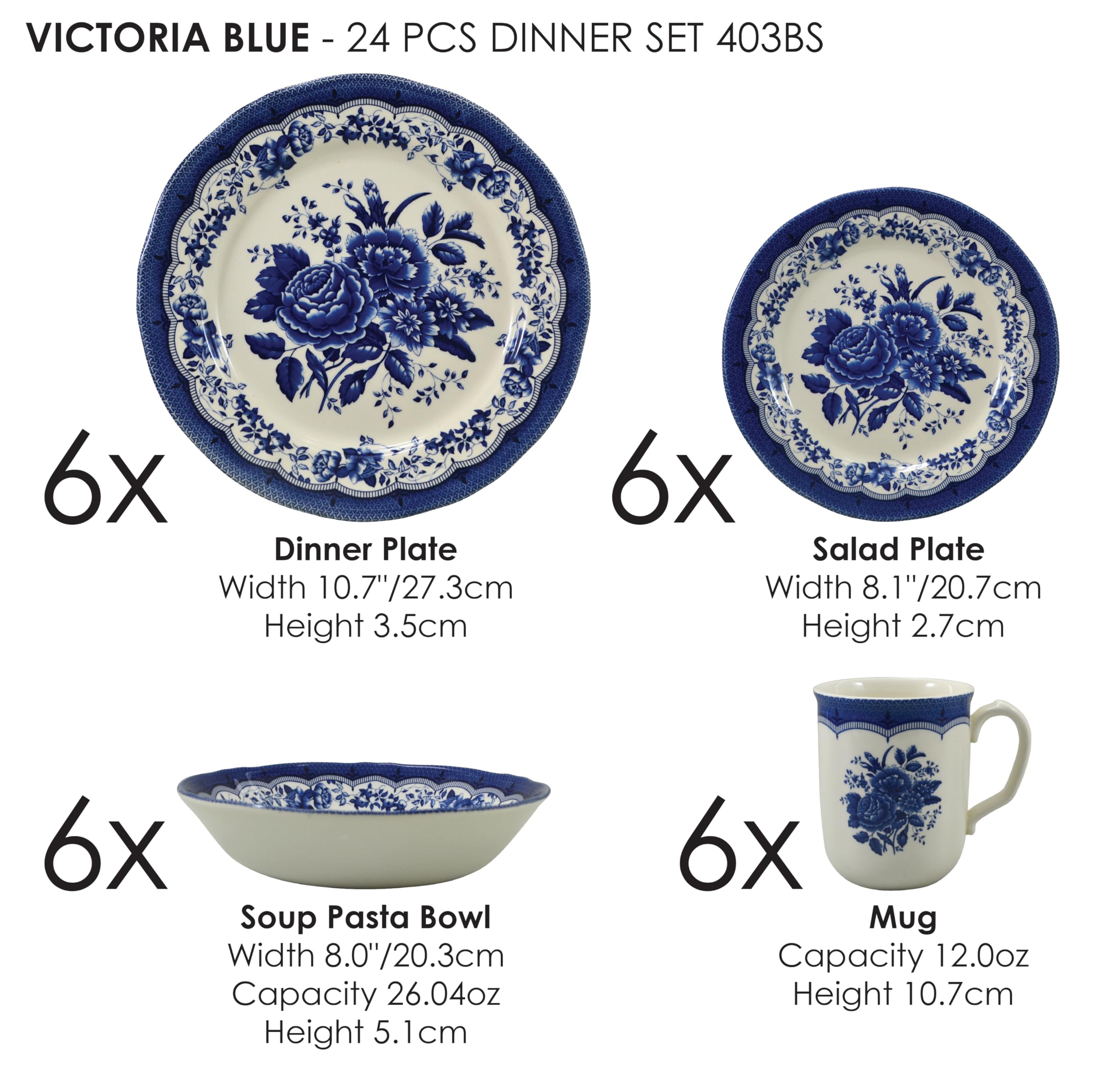 TUDOR ROYAL 24-Piece Porcelain Round Dinnerware Set, Service for 6, VICTORIA BLUE Design, Blue Floral, Plates Bowls Mugs Dishes, Premium Quality Ceramic Tableware, Unique Pattern, Glossy