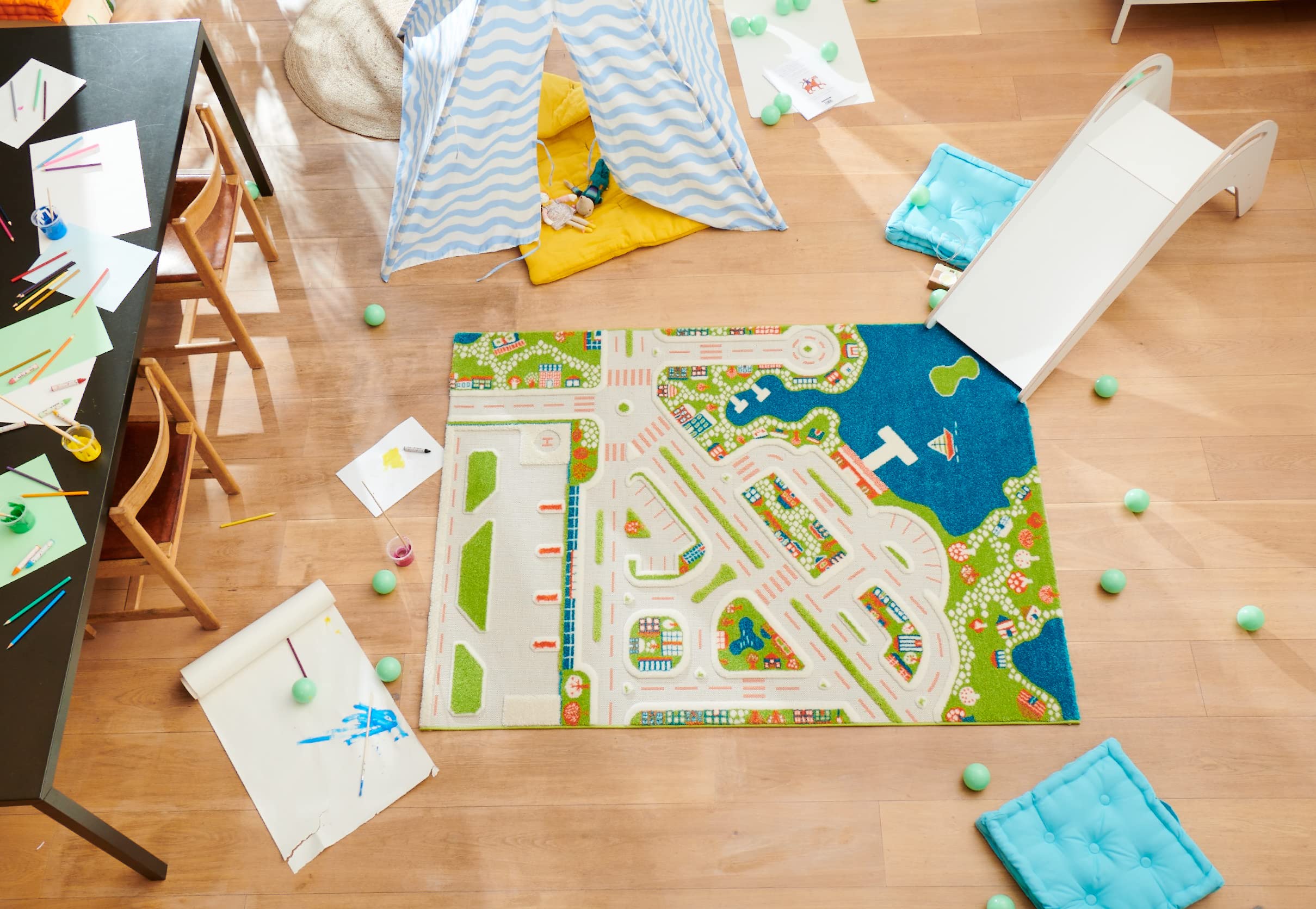 IVI Mini City Thick 3D Kids Play Mat Rug, 71" L x 53" W, Non-Toxic, Stain Resistant, Educational Montessori Activity Toys for Kids