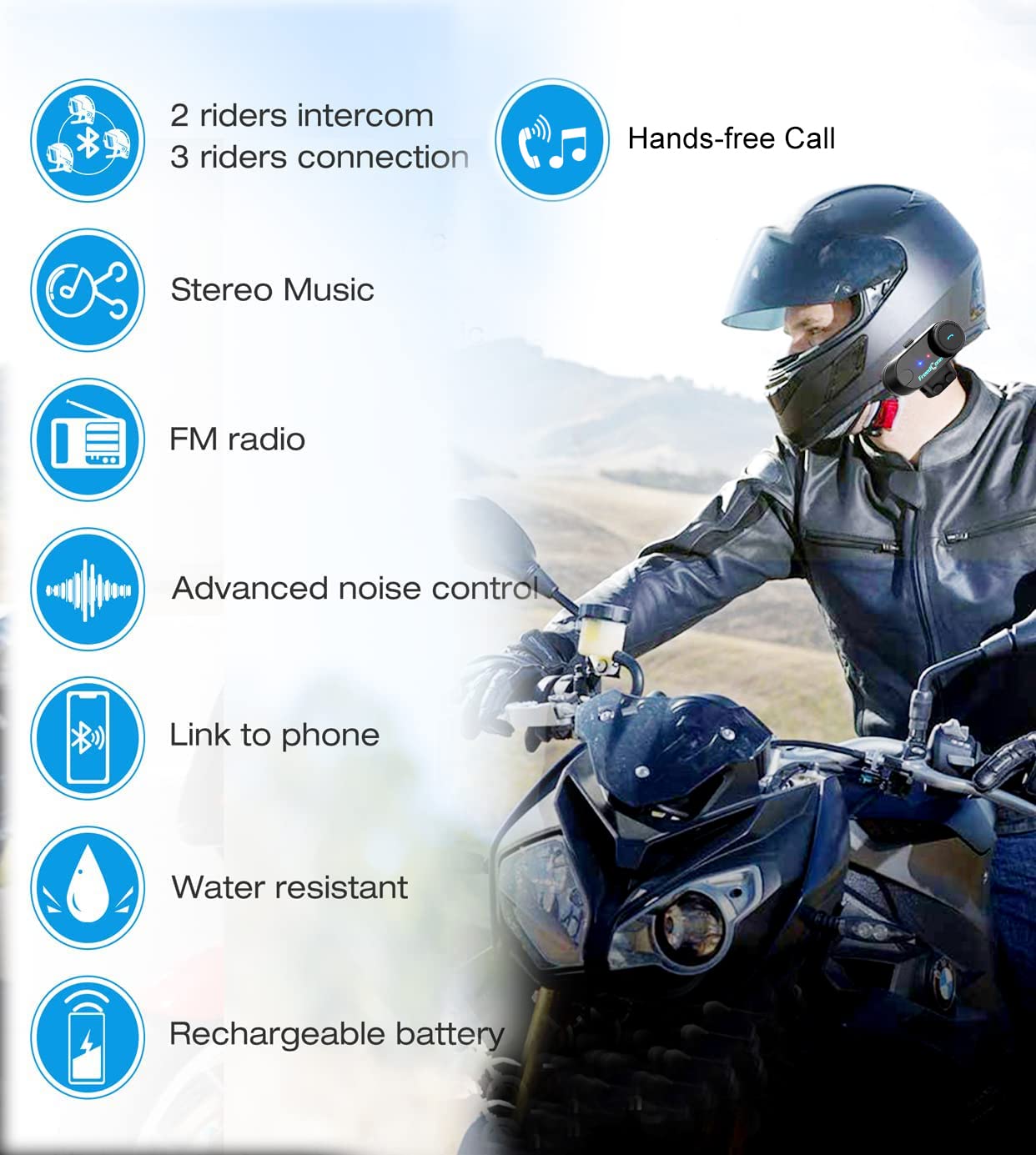 FreedConn TCOM-VB Motorcycle Helmet Bluetooth Intercom Headset Communication Systems Kit, for 2 or 3 Riders, FM Radio/Mobile phone/MP3/GPS Connective/Range 800m / Handsfree (1 Set)