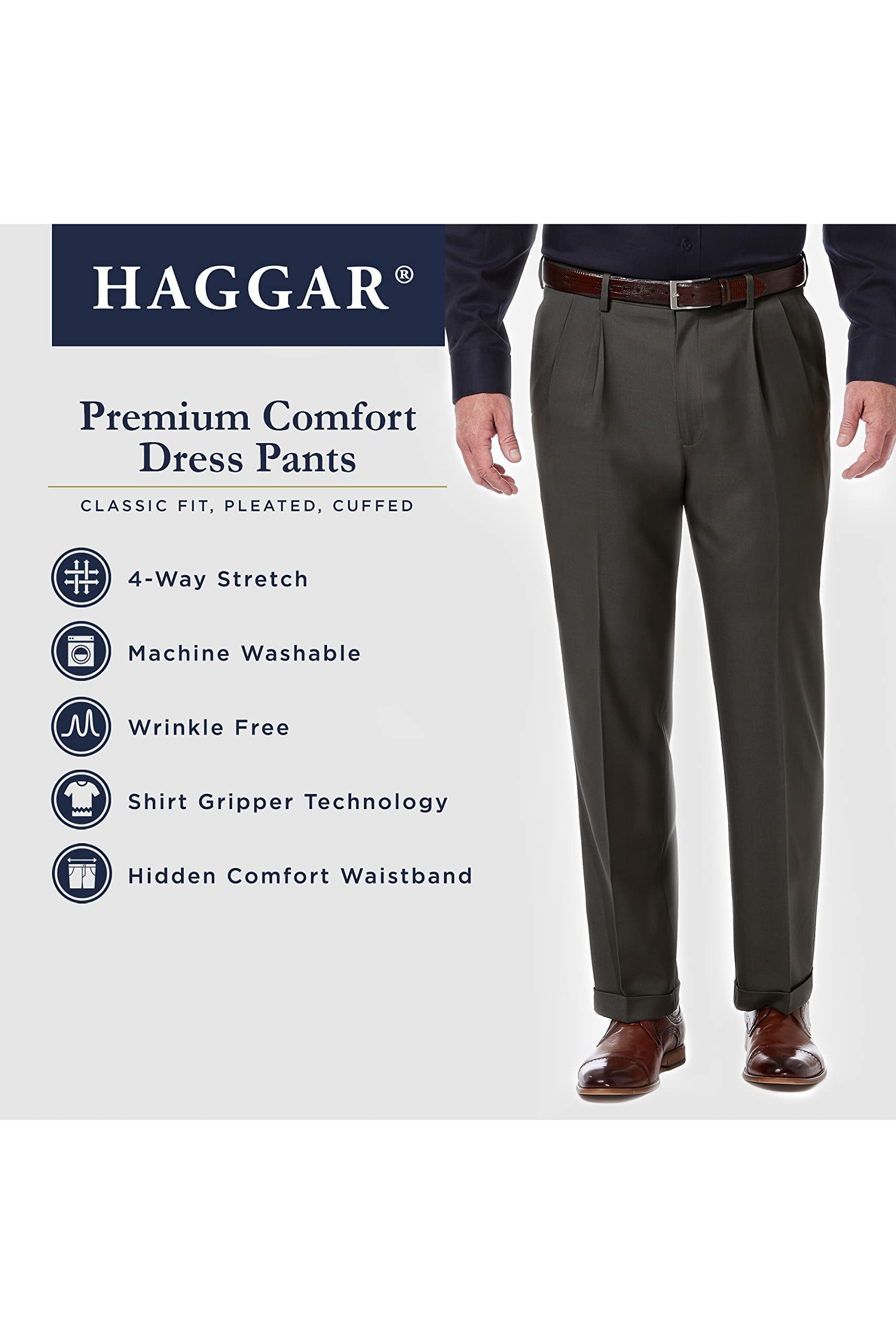 Haggar Mens Premium Comfort Classic Fit Pleat Front Reg. And Big & Tall Sizes Dress Pants, Black, 38W X 30L US