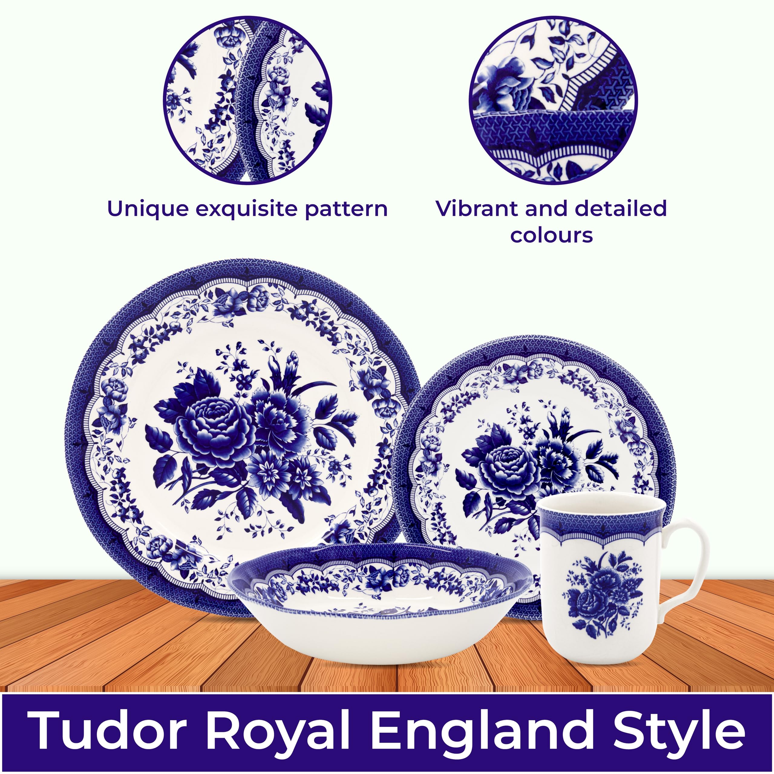 TUDOR ROYAL 24-Piece Porcelain Round Dinnerware Set, Service for 6, VICTORIA BLUE Design, Blue Floral, Plates Bowls Mugs Dishes, Premium Quality Ceramic Tableware, Unique Pattern, Glossy