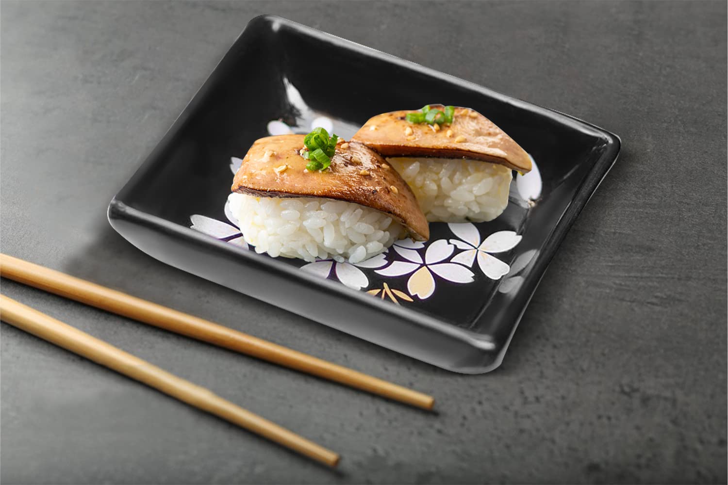 Cinf Ceramic Japanese Cherry Blossom Salad Sauce Rectangular Sushi Dish Set of 4 Plates Black Snack Bowls Appetizer Seasoning Serving for Kitchen Home