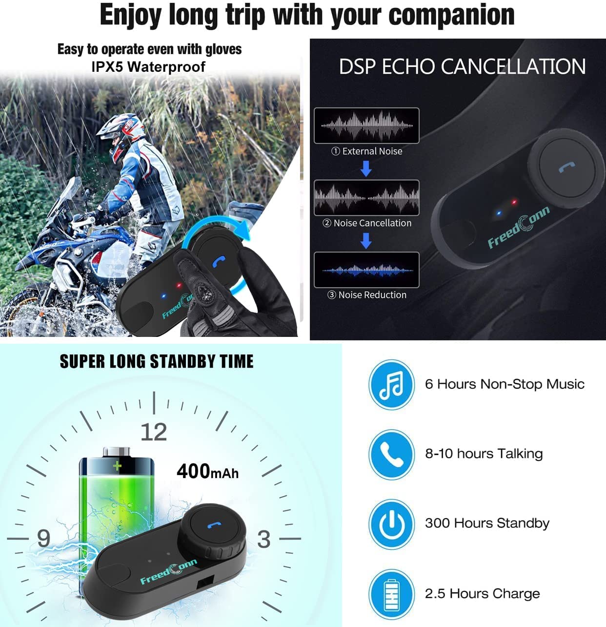 FreedConn TCOM-VB Motorcycle Helmet Bluetooth Intercom Headset Communication Systems Kit, for 2 or 3 Riders, FM Radio/Mobile phone/MP3/GPS Connective/Range 800m / Handsfree (1 Set)
