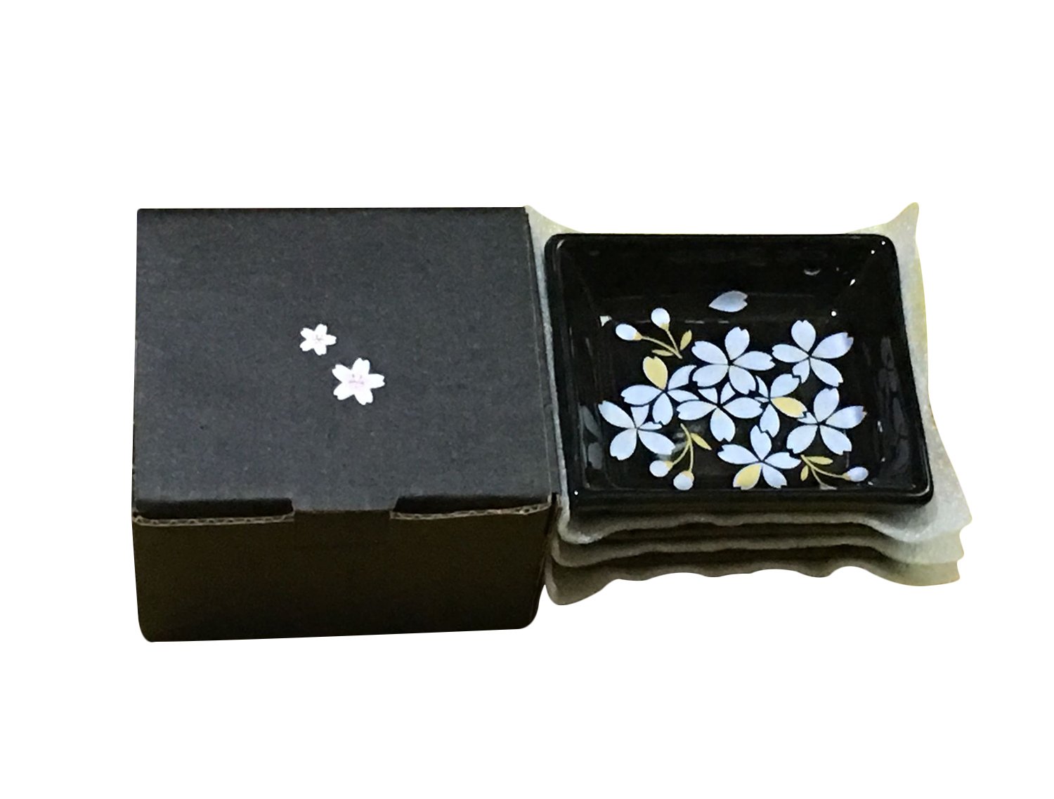 Cinf Ceramic Japanese Cherry Blossom Salad Sauce Rectangular Sushi Dish Set of 4 Plates Black Snack Bowls Appetizer Seasoning Serving for Kitchen Home
