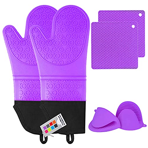 Silicone Oven Mitts and Pot Holders Set, MTZRFLL Extra Long Heat Resistant Oven Gloves with Hot Pads and Mini Oven Mittens for Grilling, Kitchen Cooking Baking, Soft Quilted Lining, Pack of 6 (purple)