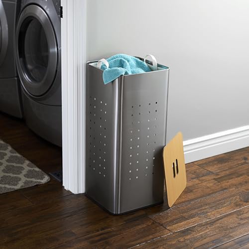 Household Essentials 7080-1 Square Metal Laundry Hamper -Removable Liner Bag and Wood Lid - Stainless Steel