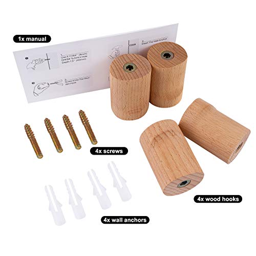 LONPUR Wooden Wall Hooks Minimalist Coat Hook,4pcs Modern Beech Real Natural Wood Pegs,Wood Hangers Wall Mounted for Planters Towel Hats Hanging(4 Pack)