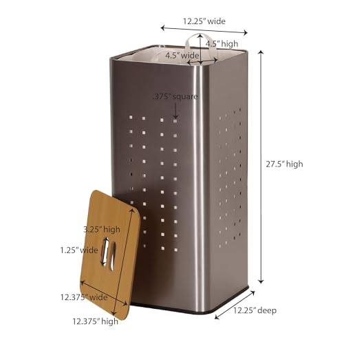 Household Essentials 7080-1 Square Metal Laundry Hamper -Removable Liner Bag and Wood Lid - Stainless Steel