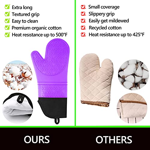 Silicone Oven Mitts and Pot Holders Set, MTZRFLL Extra Long Heat Resistant Oven Gloves with Hot Pads and Mini Oven Mittens for Grilling, Kitchen Cooking Baking, Soft Quilted Lining, Pack of 6 (purple)