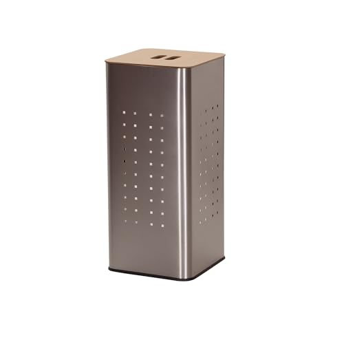 Household Essentials 7080-1 Square Metal Laundry Hamper -Removable Liner Bag and Wood Lid - Stainless Steel