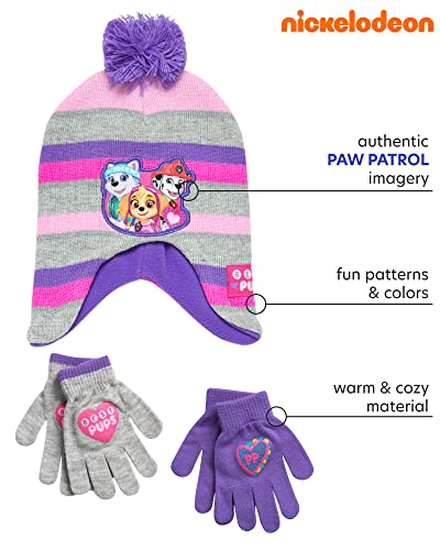 Nickelodeon Paw Patrol Girls Winter Hat and 2 Pair Mittens or Gloves (Age 2-7), Size Age 4-7, Paw Patrol Purple/Grey Glove 4-7