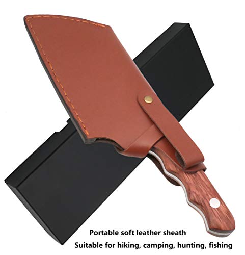 Meat Cleaver Knife, Heavy Duty Kitchen Chopping Knife with Leather Sheath and Bottle Opener Full Tang Ergonomic Handle for Kitchen/Camping/Outdoor Survival BBQ -Gift Box