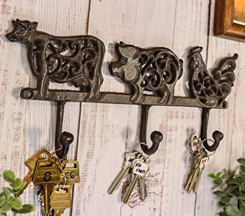 Ebros Cast Iron Filigree Scroll Patterns Rustic Barn Animals Chicken Pig and Cow 3 Peg Wall Hooks Western Vintage Farmhouse Multi-Purpose Hanger Plaque for Coats Hats Keys Clothing Towel Pet Leash