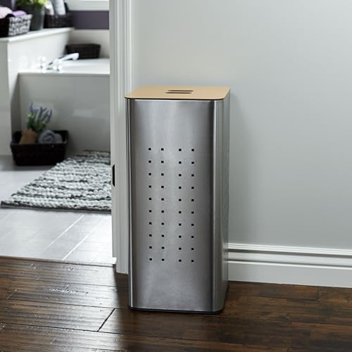 Household Essentials 7080-1 Square Metal Laundry Hamper -Removable Liner Bag and Wood Lid - Stainless Steel