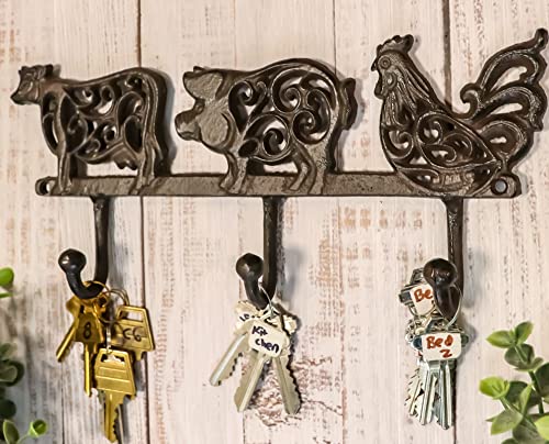 Ebros Cast Iron Filigree Scroll Patterns Rustic Barn Animals Chicken Pig and Cow 3 Peg Wall Hooks Western Vintage Farmhouse Multi-Purpose Hanger Plaque for Coats Hats Keys Clothing Towel Pet Leash
