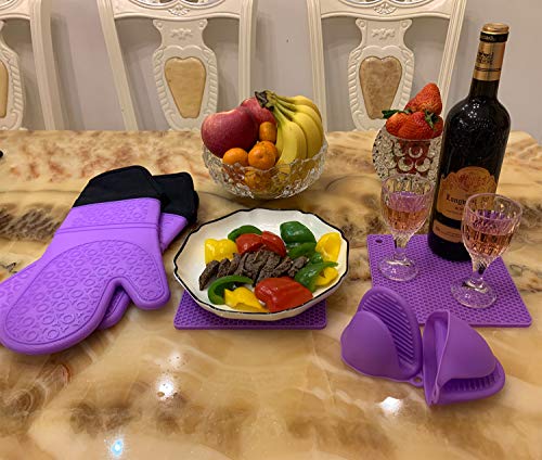 Silicone Oven Mitts and Pot Holders Set, MTZRFLL Extra Long Heat Resistant Oven Gloves with Hot Pads and Mini Oven Mittens for Grilling, Kitchen Cooking Baking, Soft Quilted Lining, Pack of 6 (purple)