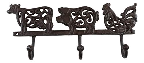 Ebros Cast Iron Filigree Scroll Patterns Rustic Barn Animals Chicken Pig and Cow 3 Peg Wall Hooks Western Vintage Farmhouse Multi-Purpose Hanger Plaque for Coats Hats Keys Clothing Towel Pet Leash