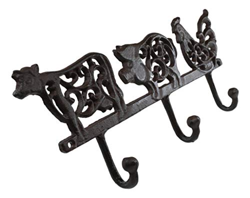 Ebros Cast Iron Filigree Scroll Patterns Rustic Barn Animals Chicken Pig and Cow 3 Peg Wall Hooks Western Vintage Farmhouse Multi-Purpose Hanger Plaque for Coats Hats Keys Clothing Towel Pet Leash
