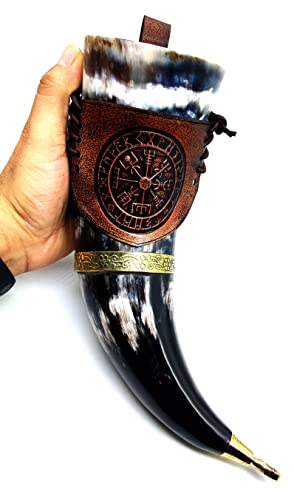 Beer horn mug Game of thrones Brass adorned vikings horn Medieval Drinking Horn with attractive leather belt (HBM-580)