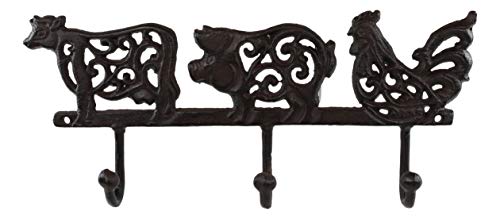 Ebros Cast Iron Filigree Scroll Patterns Rustic Barn Animals Chicken Pig and Cow 3 Peg Wall Hooks Western Vintage Farmhouse Multi-Purpose Hanger Plaque for Coats Hats Keys Clothing Towel Pet Leash