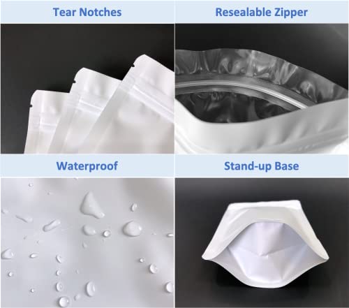 100 Pack Matte White Mylar Stand Up Bags - 5.5x7.8 Inches Resealable Smell Proof Packaging Pouch, Sealable Foil Bags for Food Storage, Sample Pouches