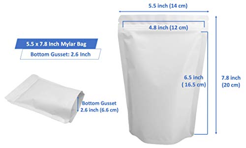 100 Pack Matte White Mylar Stand Up Bags - 5.5x7.8 Inches Resealable Smell Proof Packaging Pouch, Sealable Foil Bags for Food Storage, Sample Pouches