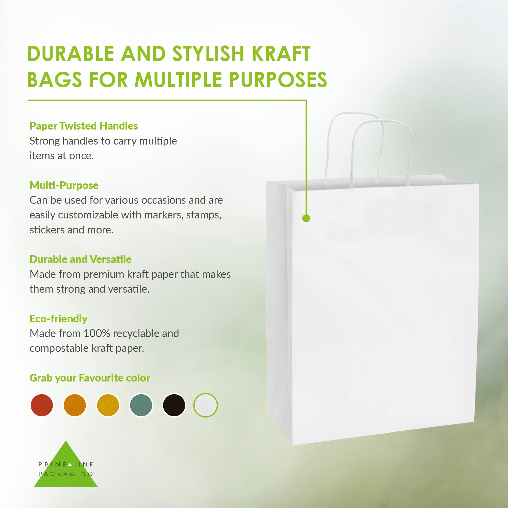 Prime Line Packaging Medium White Gift Bags with Handles, Shopping Totes for Small Business, Boutiques, Merchandise, Parties, Bulk, 10x5x13 100 Pack