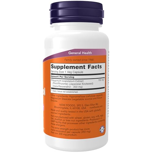 NOW Foods Supplements, Extra Strength Resveratrol 350mg, Natural Trans Resveratrol from 700 mg Japanese Knotweed Extract, 60 Veg Capsule