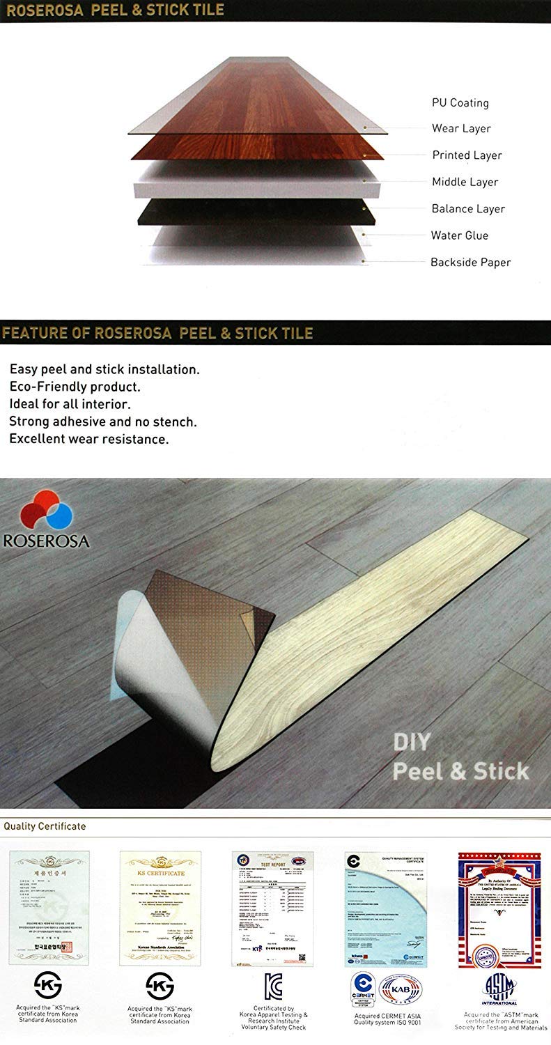 ROSEROSA Peel and Stick Engineered PVC Plank Wood Pattern Self Adhesive Durable Vinyl Flooring (ECK-909 : 5 Planks)