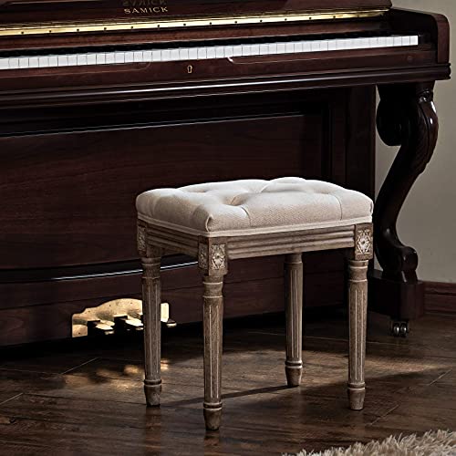 VONLUCE French Vintage Foot Stool with Rustic Wood Legs and Padded Seat, Upholstered Vanity Stool Piano Stool and Entryway Bench, Tufted Fabric Ottoman Stool for Bedroom Living Room More, Beige
