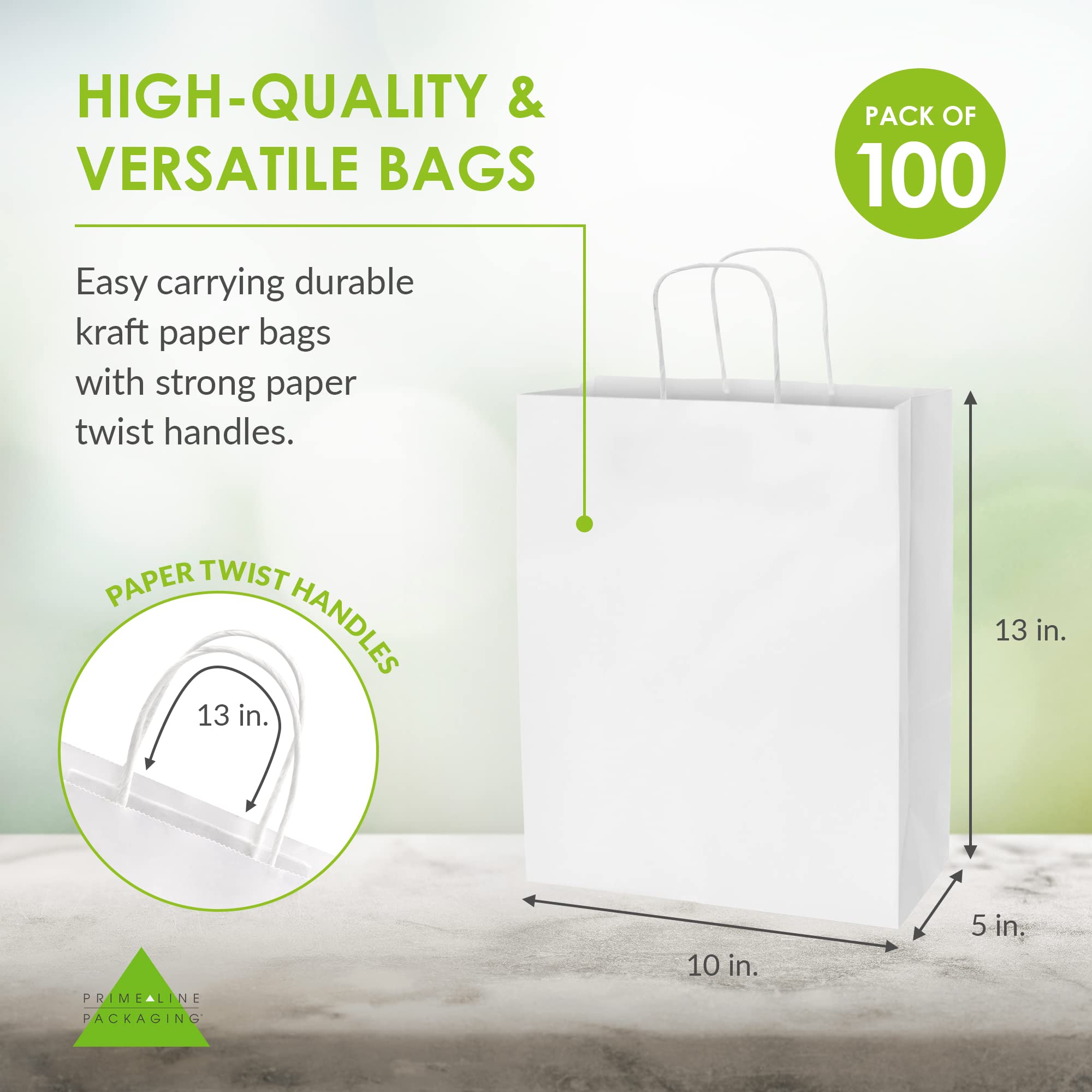 Prime Line Packaging Medium White Gift Bags with Handles, Shopping Totes for Small Business, Boutiques, Merchandise, Parties, Bulk, 10x5x13 100 Pack