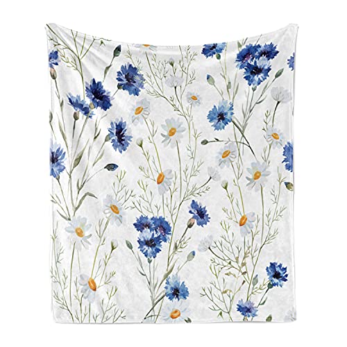 Lunarable Watercolor Flower Throw Blanket, Wildflowers and Cornflowers Daisies Blooms Flower Buds Art, Flannel Fleece Accent Piece Soft Couch Cover for Adults, 50" x 60", Green Marigold