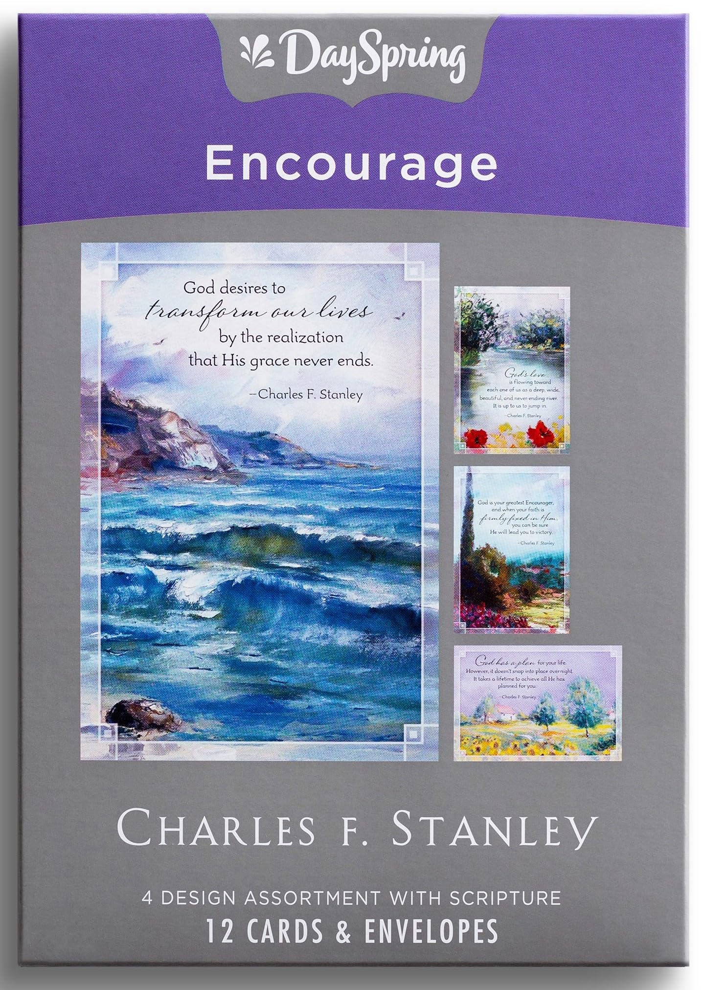 DaySpring - Encouragement - Charles F. Stanley - 4 Design Assortment with Scripture - 12 Encouragement Boxed Cards & Envelopes (70100)