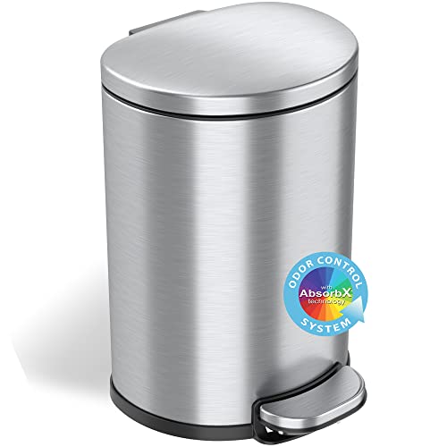 iTouchless SoftStep 2 Gallon Small Semi-Round Bathroom Step Trash Can with Removable Inner Bucket and AbsorbX Odor Filter, Stainless Steel, 7 Liter Pedal Garbage Bin for Bedroom, Office Cubicle